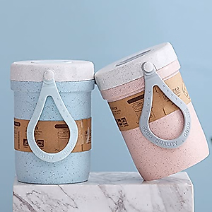 LZYMSZ 2PCS Wheat Straw Soup Cup, 300ml Portable Microwaveable Breakfast Cup, 2 Colors Porridge Lunch Box with Spoon for School Office Outdoor Travel Student (Blue and Pink)