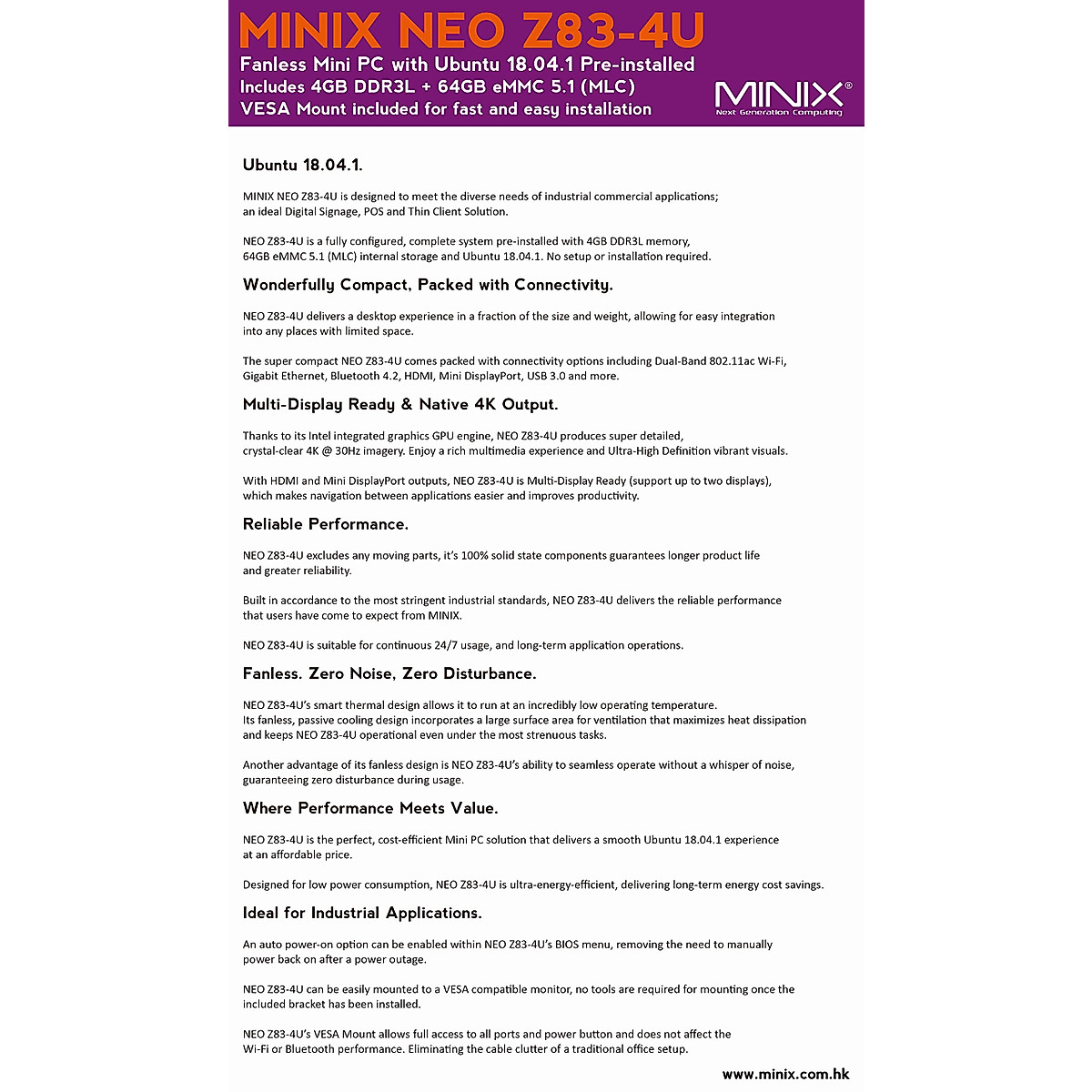 MINIX NEO Z83-4U, Fanless Mini PC Ubuntu 18.04.1 Pre-Installed [4GB/64GB eMMC 5.1/ VESA Mount/Dual-Band Wi-Fi/Gigabit Ethernet/4K/Mini DP/Auto Power On]. Sold Directly Technology Limited.