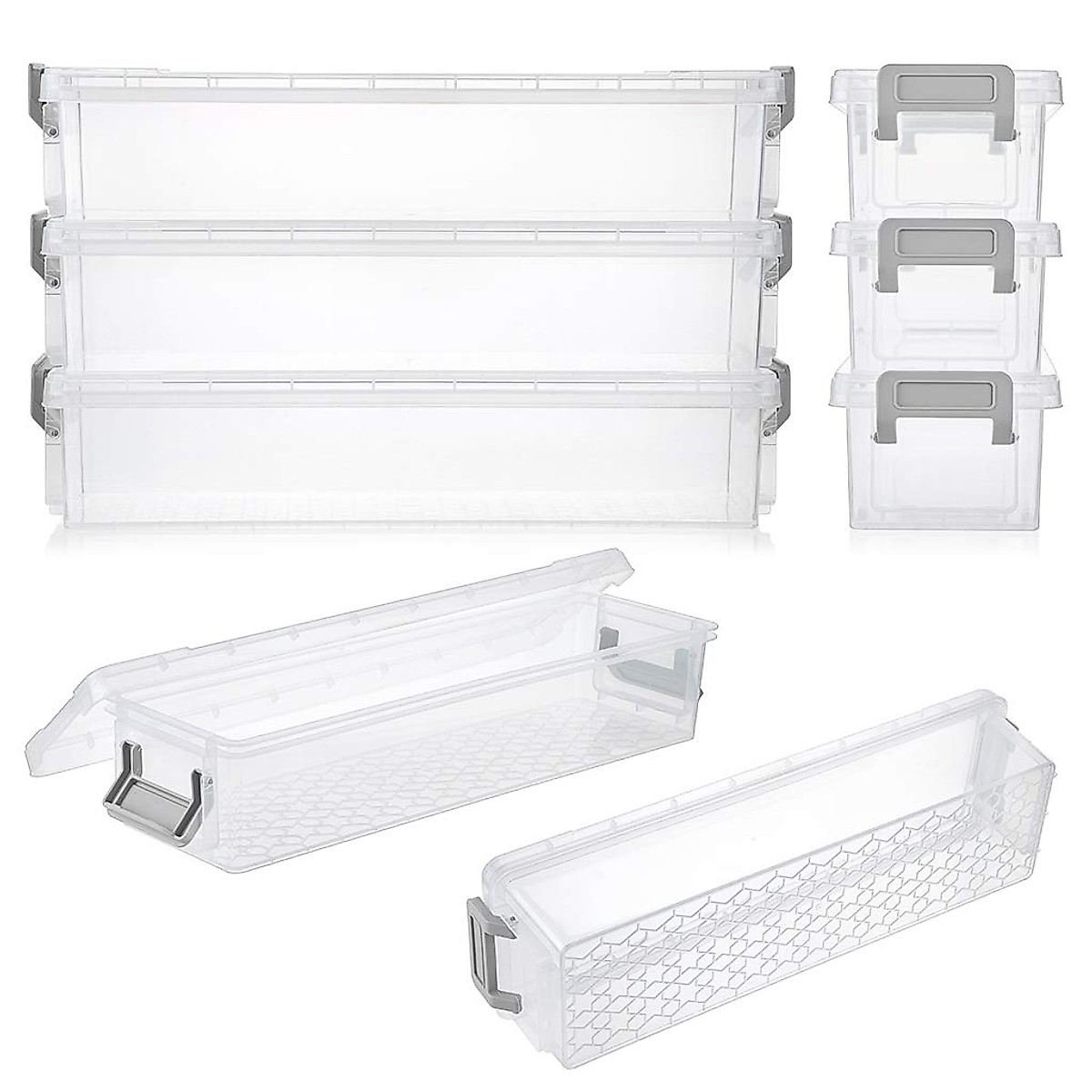 BTSKY Long Plastic Stackable Box Home, Office Supplies Storage Organizer Box Pencil Box Plastic Organizer Holder for Gel Pens Erasers Tape Pens Pencils Markers etc- 3 Pack - Clear with Grey Clip