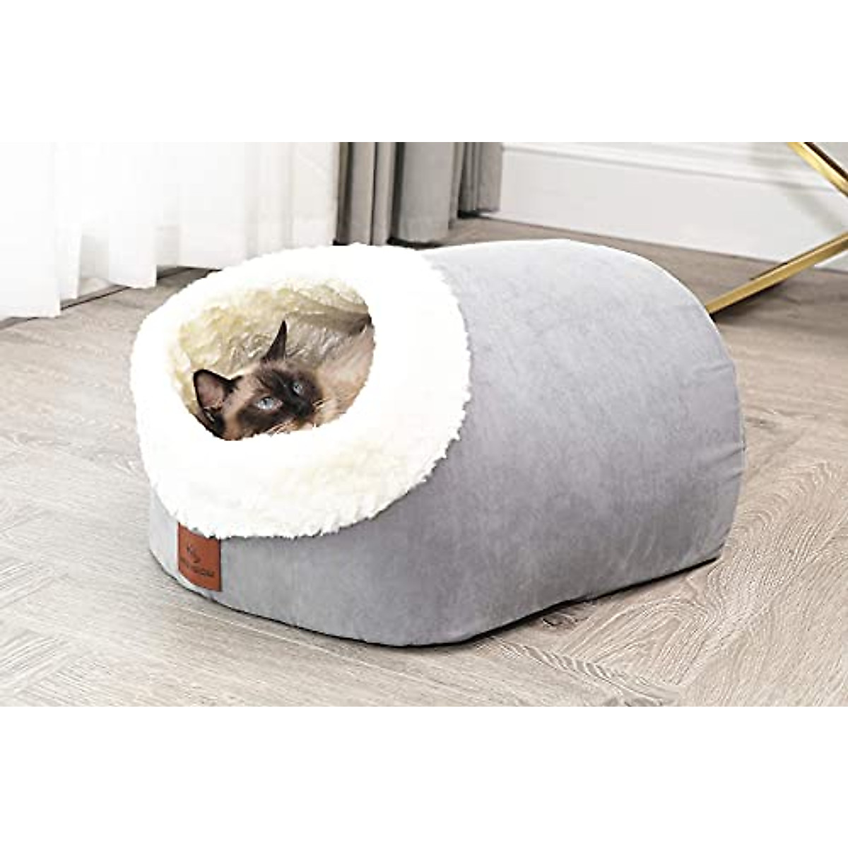 Miss Meow Cat Bed for Indoor Cats,Medium Large Cats Cave Bed,Machine Washable Slip Resistant Bottom,Ultra Soft Plush Cushion (Gray Cave)