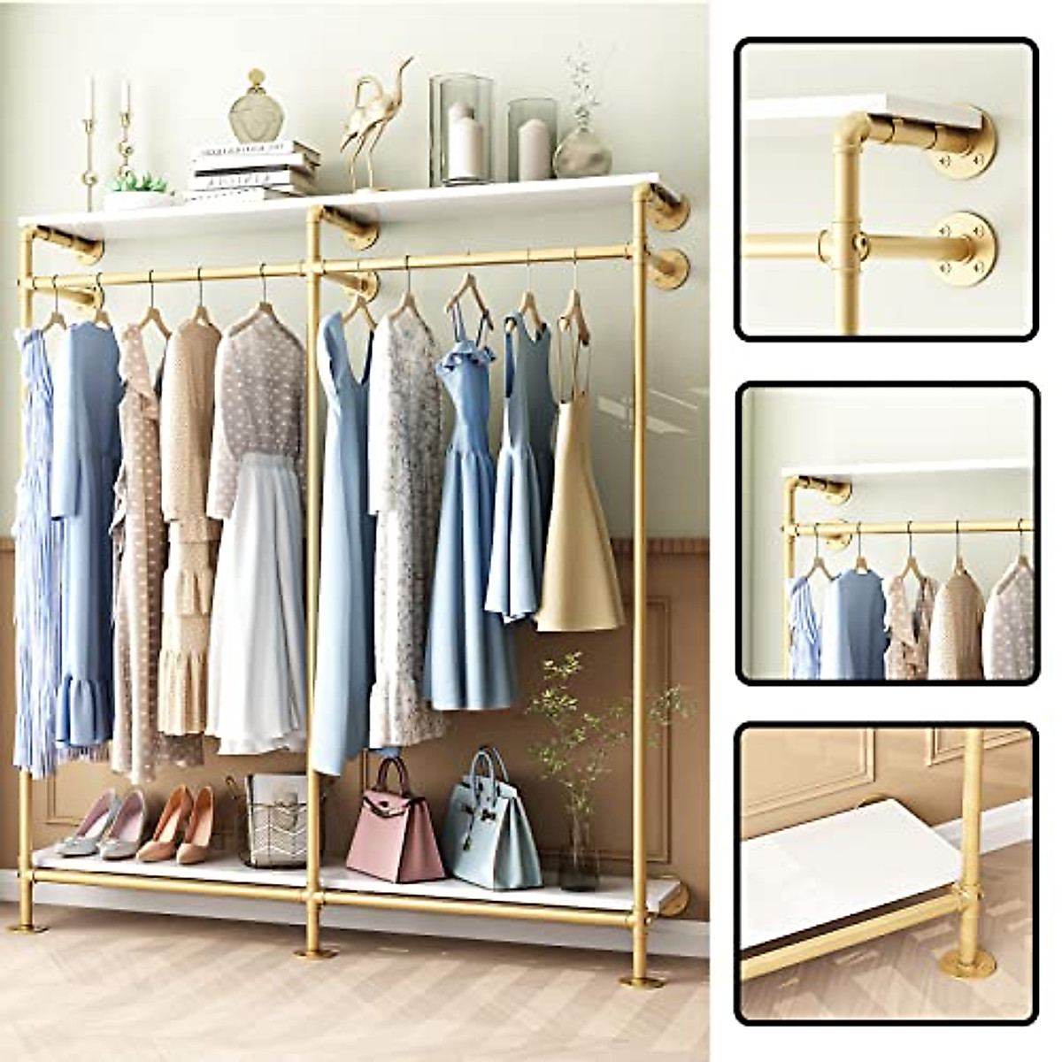 IronJiaZu Gold Pipe Clothes Racks with 2 Shelves, Industrial Pipe Gold Clothing Rack with Double Hanging Rods, Heavy Duty Wall Mounted Clothing Rack Rod for Closet Storage, Bedroom