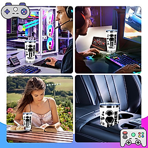 Icesip 20oz Gamer Tumbler - Stainless Steel Gaming Mug with Straw & Brush - Cool Game Controller Design - Birthday Gift for Men, Boys, Gamers