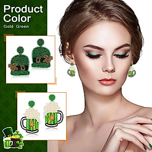 2 Pairs St. Patrick's Day Earrings Beaded Shamrock Hat and Beer Cup Drop Dangle St. Patrick's Day Clover Green Leaf Earring Irish Jewelry Gift for Girl Women Lucky Holiday Party Favors Accessories