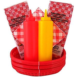 Barbecue Set Deli Diner Baskets, Liners, Napkins & Squeeze Bottles Bundle of 8 Items For Picnics, BBQ's, Parties, Banquets, Get-togethers or Cookout