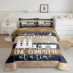 Kids Camper Comforter Set Queen, Happy Camping Bedding Rv Decorations For Inside Camper Quilt, Teens Rustic Farmhouse Bedding Comforter Sets For Travel Trailers Vintage Wooden Planks Quilted Duvet