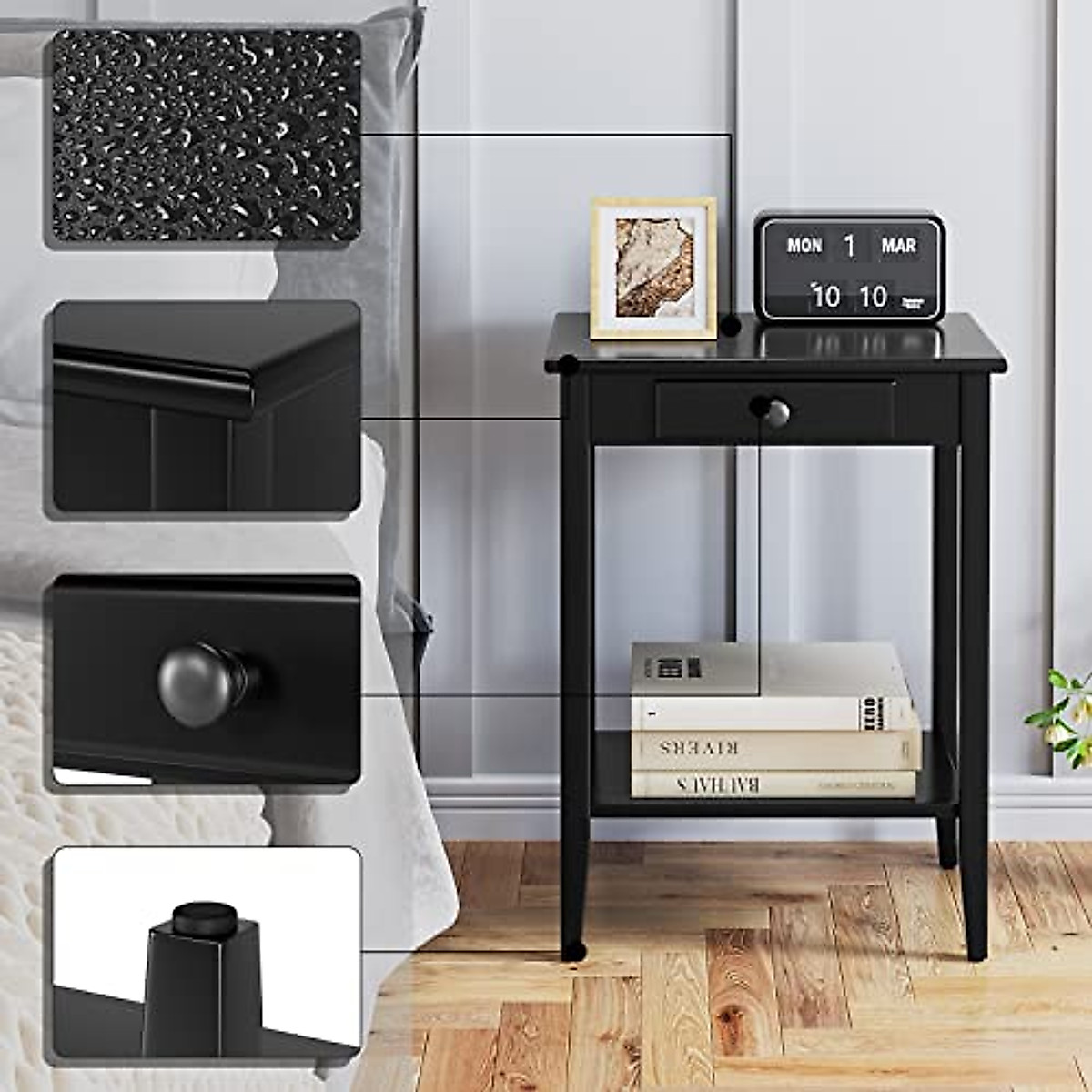 IDEALHOUSE Black End Table with Drawer, Side Table for Living Room Bedroom, Wood Nightstand with Shelf, 2-Tier Storage Bedside Table Accent Table Small Table for Small Places