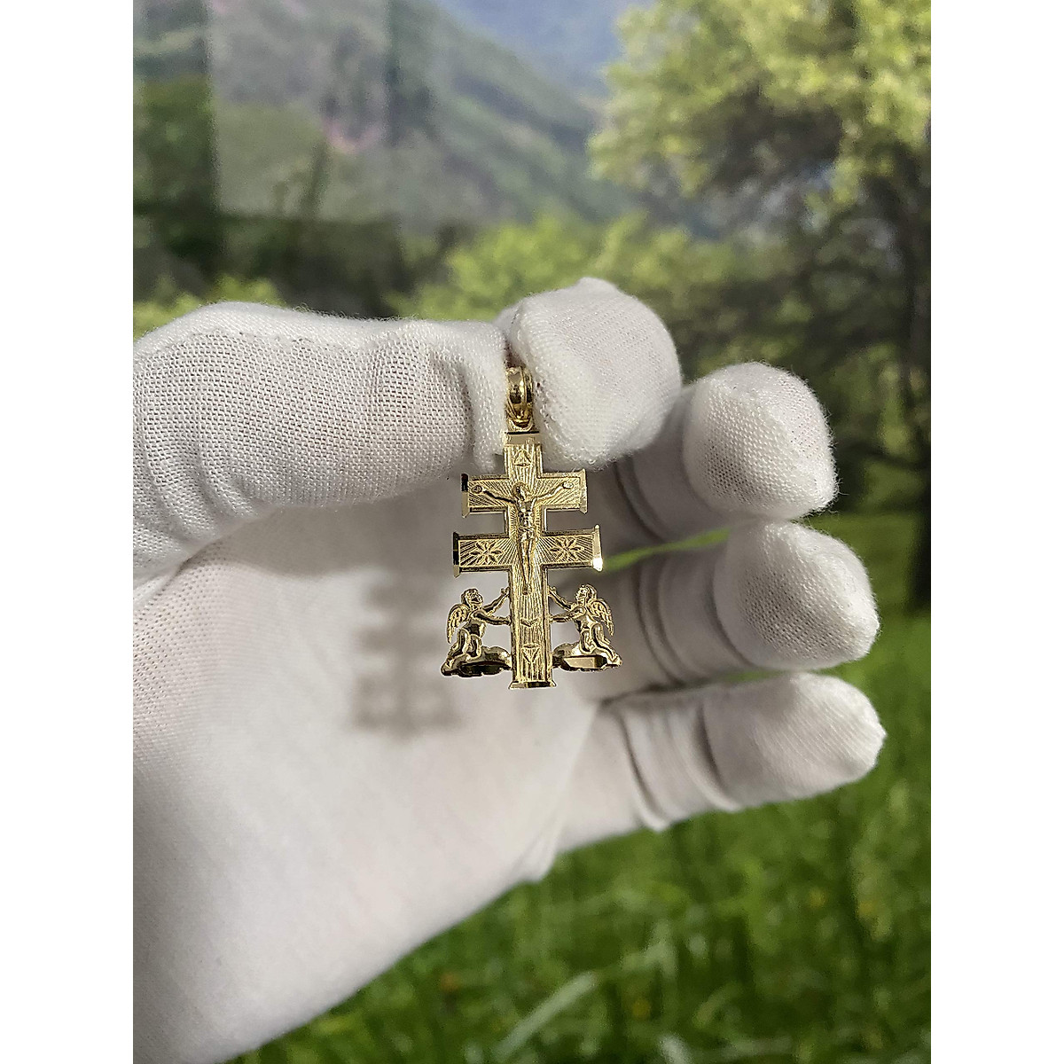 14k Yellow Gold Religious Cross of Caravaca Pendant