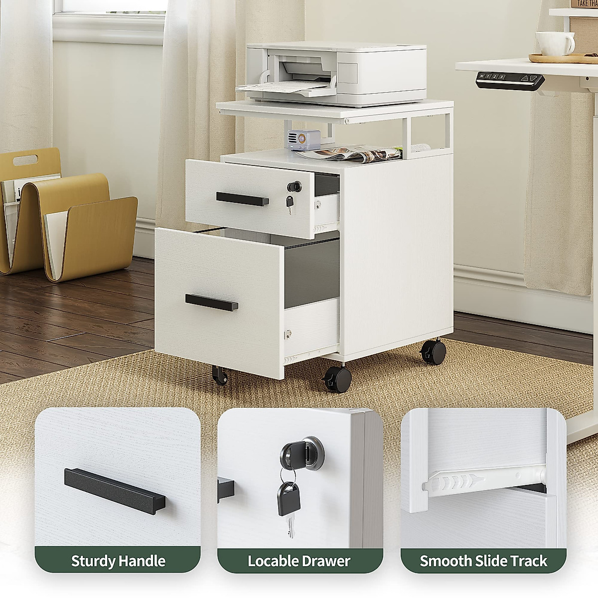 FEZIBO File Cabinet with Lock for Home Office, 2-Drawer Rolling Filing Cabinet, Under Desk Home Office File Cabinet for A4, Letter Size, Printer Stand, Wooden Storage Cabinet, White