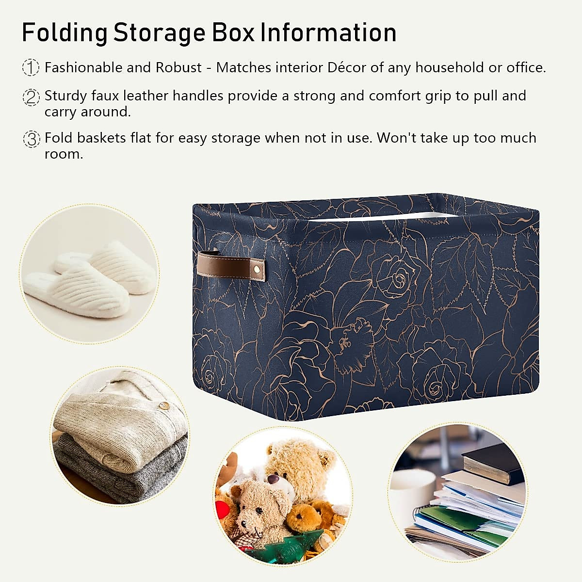 Copper-gold Gloss Outline Navy Dark Blue Rectangle Storage Basket Collapsible Storage Bin for Nursery Toys Books, Waterproof Baskets for Closet Shelves Bedroom Decor