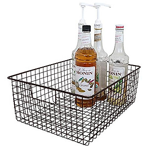 Kitchen Basics 101 Large Farmhouse Metal Wire Storage Basket Bins with Handles 16" x 12" x 6" Closets, Shelves, Cabinets, Bathrooms (Bronze, 2)