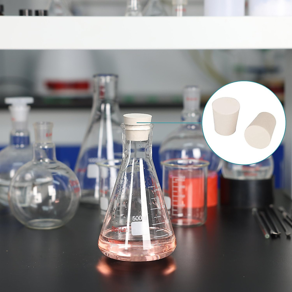 StonyLab Solid Rubber Stoppers, 10-Pack 7# White Tapered Lab Seal Rubber Stoppers, Fits StonyLab 250ml Erlenmeyer Flask