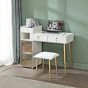 LUKYRA Vanity Desk with Drawers, Makeup Table with Storage Cabinet, White and Gold Dressing Table(Without Mirror)