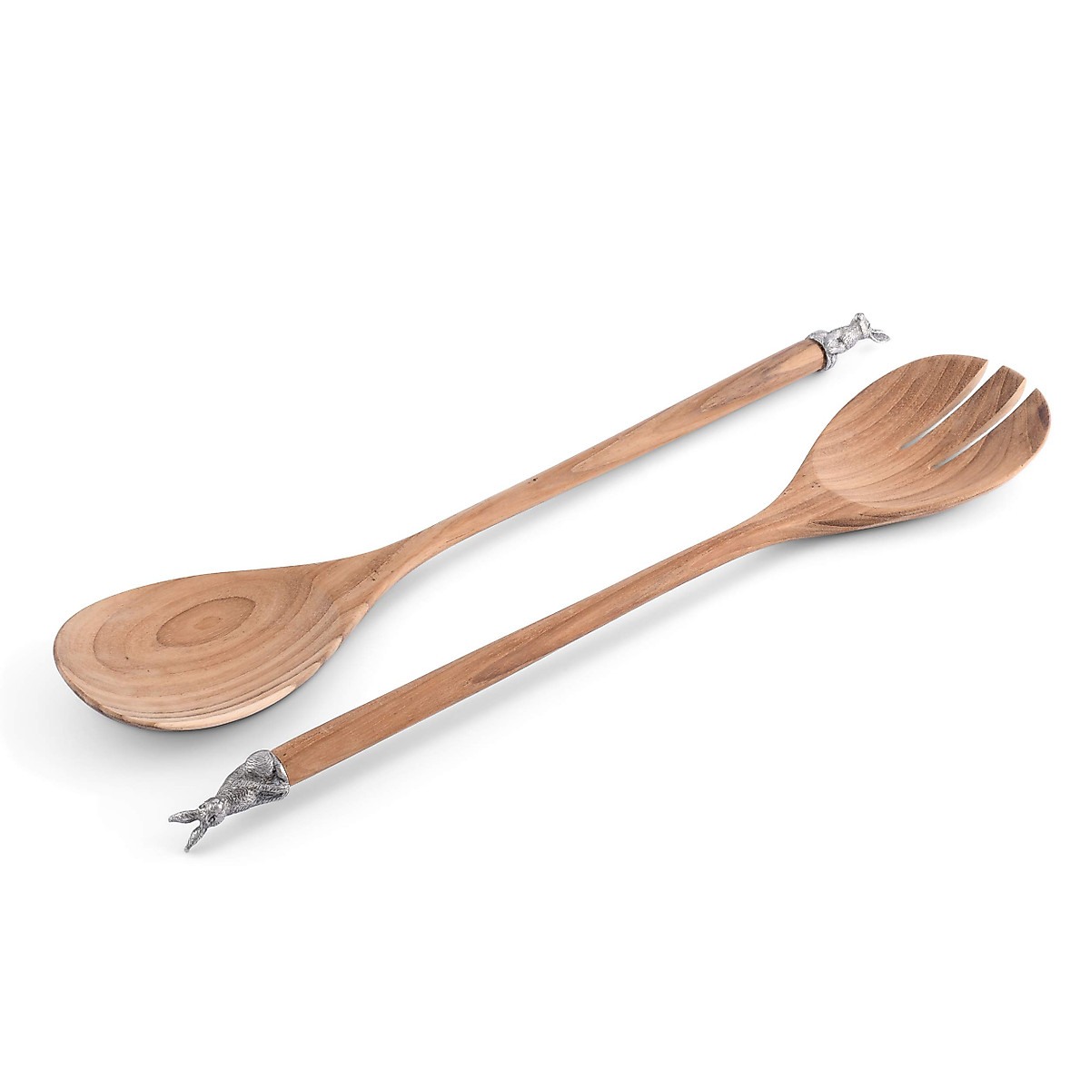 Vagabond House Teak Salad Servings with Pewter Bunny 14 Inch Long