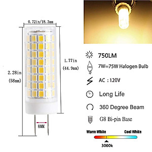 G8 Led Bulb, All New 75W Halogen Bulb Replacement, Dimmable 7W T4 G8 Led Lamps, G8 Bi-pin Base Bulb, AC120V 720lm, Under Cabinet Counter Light, Kitchen Lighting and Puck Lights, 3000K Warm White 4pack