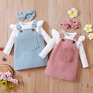 Kupretty Newborn Baby Girl Fall Clothes Ruffle Long Sleeve Ribbed Romper Corduroy Suspender Skirts Infant Overalls Dress Outfits (Pink, 0-3 Months)