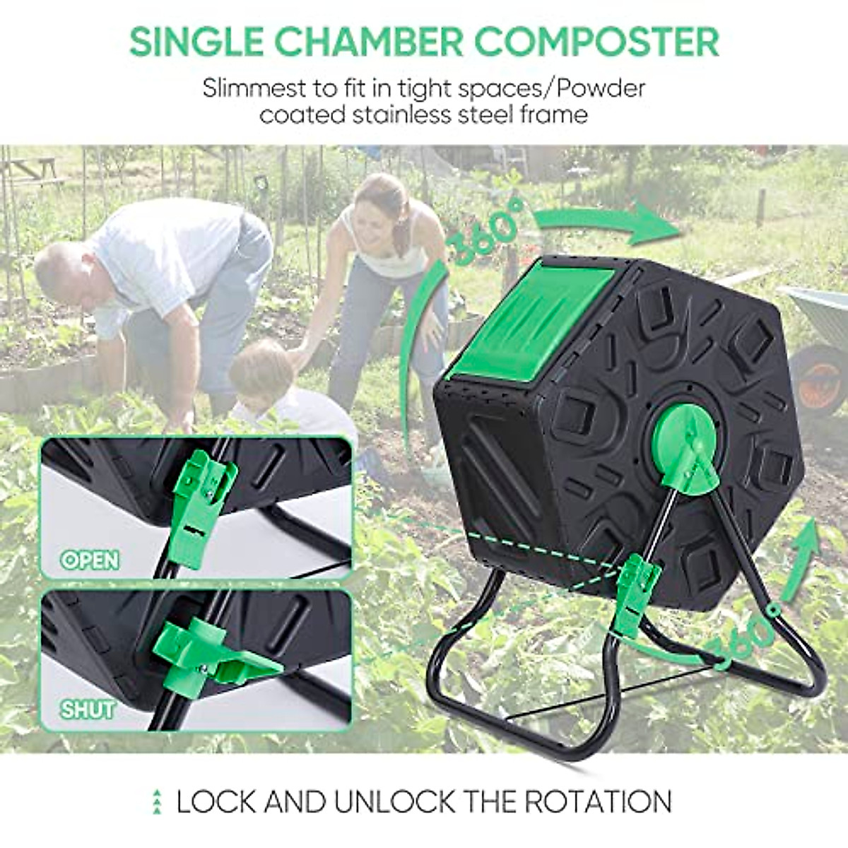 F2C 18.5 Gallon Compost Tumbler All-Season Outdoor BPA Free Large Composter Bin w/ 2 Sliding Doors and Solid Steel Frame (18.5 Gallon)