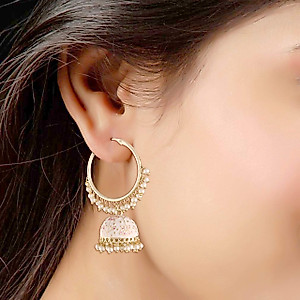 I Jewels Gold Plated Indian Bollywood Festive Party Wear Enamel Pearl Hoop Jhumki Earrings for Women (E2915W)