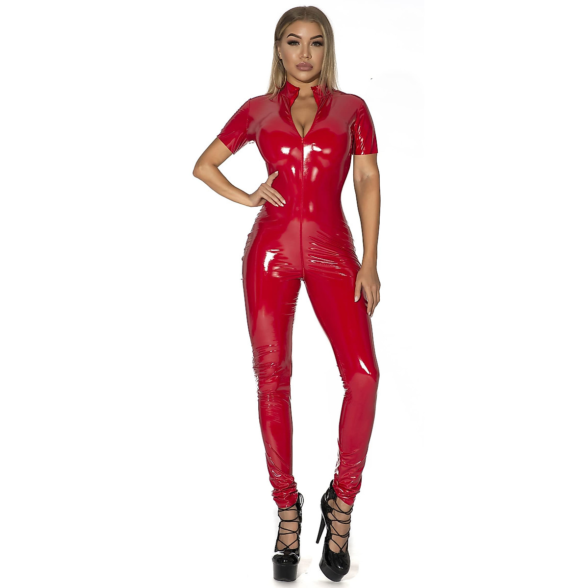 FEOYA Red Latex Catsuit Women Patent Leather Bodysuit Dominatrixs Outfit Shiny Pvc Jumpsuit XS