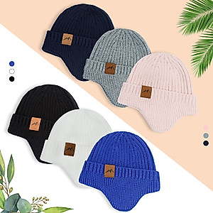 POXIMI Baby Boy Winter Hat Toddler Warm Beanie Girl Knit Hats with Earflap Kid Cute Earmuffs (Navy+Grey, 6-24Months)