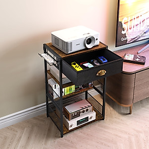 Hongtamoya 4-Tier AV Media Stand with Drawer, Video Game Console Shelf with 2 Hooks, Audio Rack Tower Perfect for/Xbox/ PS5/Switch/Game Consoles/DVD/Record Player/Projector/Sky Box/TV Accessories