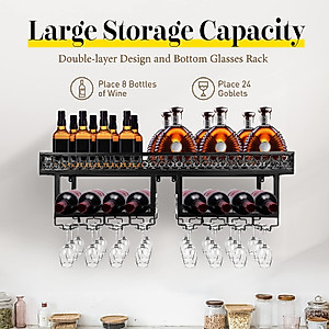 Upyouths 2 Tier Wall Mounted Wine Rack, Metal Hanging Wine Rack, Storage Shelf Glass Hanging Holder, Hanging Floating Bar Liquor Shelves, Bottle Holder Storage Shelves Glass Rack