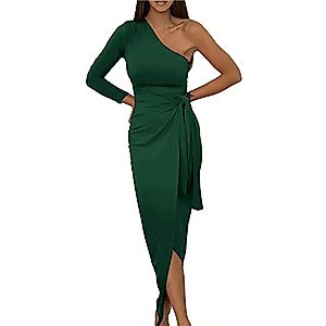 BTFBM Women Elegant Long Sleeve One Shoulder Cocktail Dress Bodycon Ruched Tie Waist Wrap Dress Solid Color Midi Party Dress(Solid Dark Green,Small)