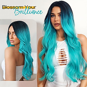 FAVE Ombre Bluish Green Wig Long Wavy Side Part Wig Heat Resistant Synthetic Hair Teal Blue Wig Mermaid Wigs for Women (Ombre Bluish Green)