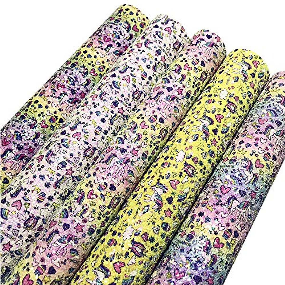 Unicorn Printed Faux Leather Fabric Sheets 5 Pieces Glitter Sequins Synthetic Fabric for DIY Bows Earrings Making Crafts (Assorted A)