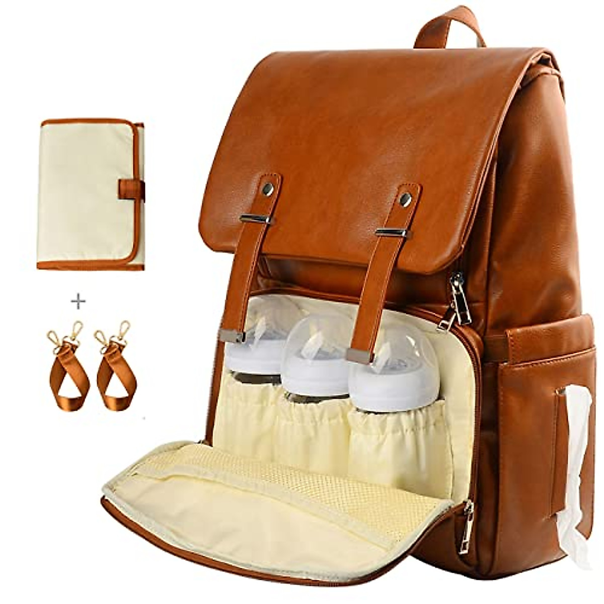 KZNI Leather Diaper Bag Backpack, Nappy Bag Baby Bags for Mom Unisex Maternity Diaper Bag with Stroller Hanger|Thermal Pockets|Adjustable Shoulder Straps|Water Proof| LargeCapacity (Brown)