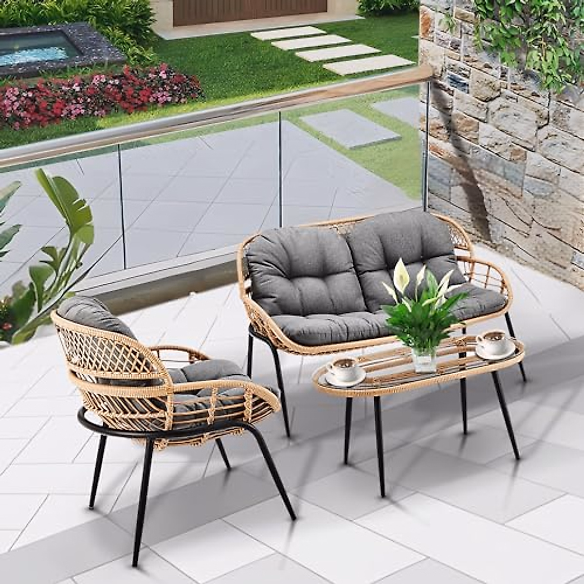 Urban Home Furniture Belize 4-Piece PE Natural Rattan Outdoor Conversation Set, 2 Single Chairs with Cushions, Loveseat with Cushions, Coffee Table with Glass Top, with Grey Cushions
