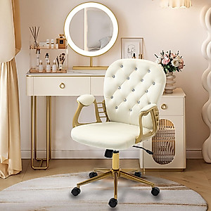 cayglow Velvet Office Desk Chair Comfy with Gold Base, Comfortable Makeup Chairs for Vanity with Back and Wheels,Button Tufted Armchair Swivel Rolling Chair,for Girls Women Study Bedroom,Beige