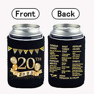 Yangmics 20th Birthday Can Cooler Sleeves Pack of 12-20th Anniversary Decorations- 2003 Sign - 20th Birthday Party Supplies - Black and Gold the twenty Birthday Cup Coolers