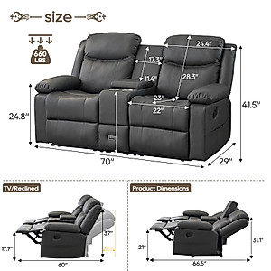 PALLOME Loveseat Recliner Sofa, PU Leather Loveseat Recliner, Manual Recliner Loveseat with Console, Double Recliner RV Sofa with Cup Holders and Side Pocket for Living Room/Office/Apartment (Grey)