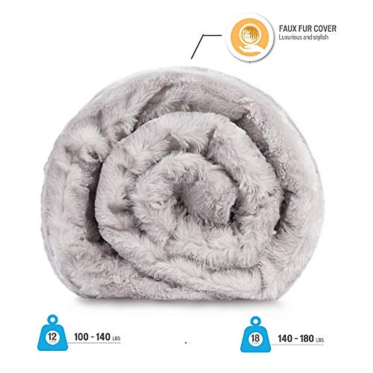 Beautyrest Duke Weighted Adult, Faux-Fur, Glass Beads Filling, and Removable Cover Calming Heavy Blankets, 60x70-18lbs, Grey