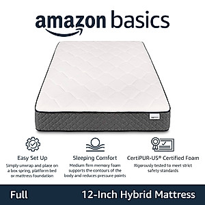Amazon Basics Memory Foam Mattress, Full Size Mattress, Hybrid, 12 Inch, Medium Feel, Motion Isolation Springs, White/Gray