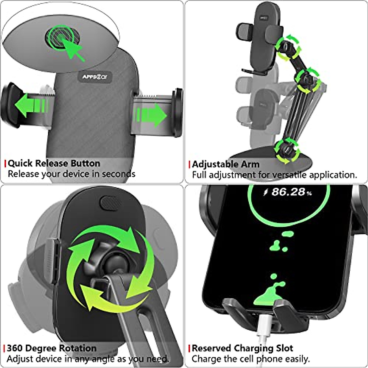 Phone Stand for Desk [No Dropping Stable Triple-Clamp Holder] Adjustable Height 360 Degree Rotation Heavy Base Thick Case Friendly, APPS2Car Multifunctional Cell Phones Stand for iPhone Android Phones
