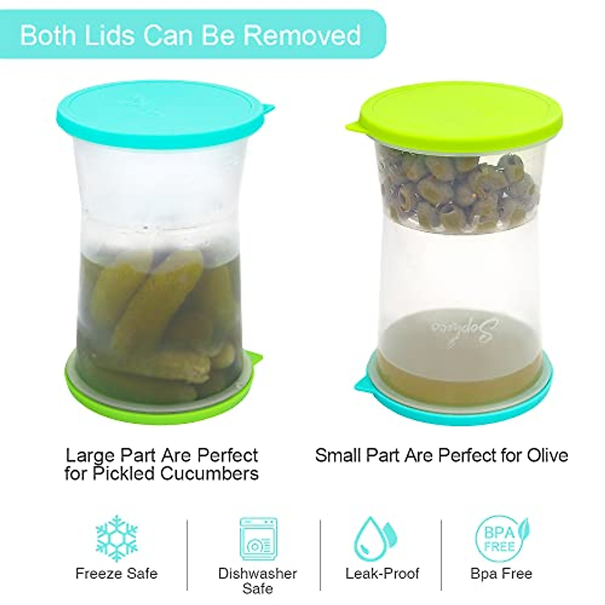 SOPHICO Pickle and Olives Jar Container with Strainer, 56oz Leak-proof Juice Separator Sieve Food Saver Storage Containers (Large Size)