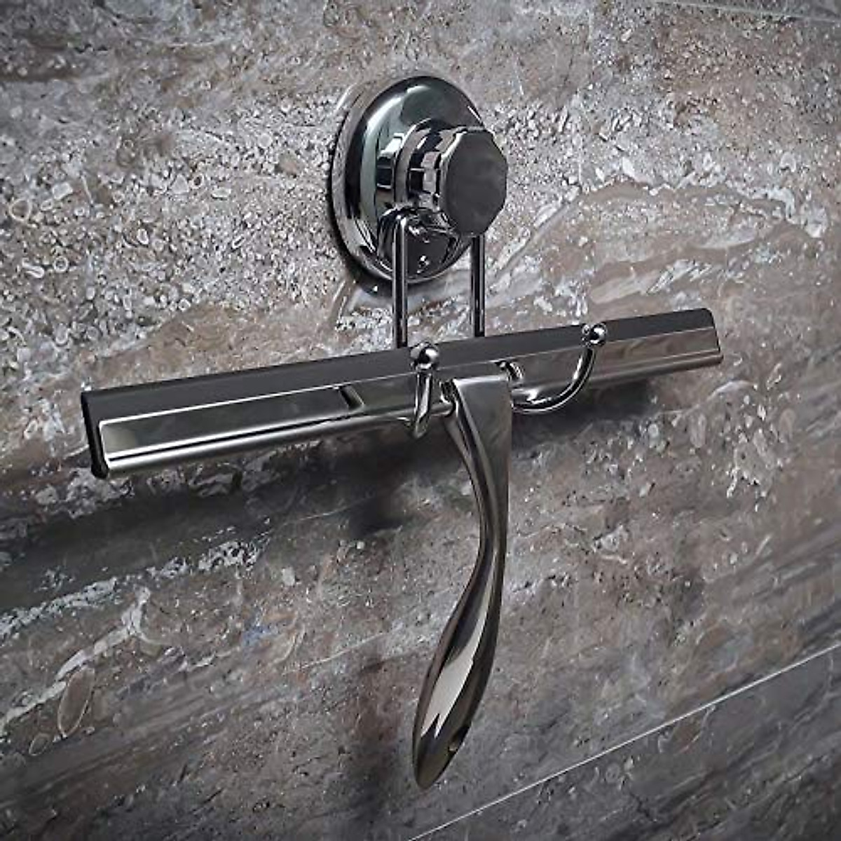 12-Inch Bathroom Shower Squeegee - Chrome Plated Stainless Steel - with Matching Suction Cup Hook Holder - 3M Adhesive Mounting Disc, 3M Hook,1 Replacement Rubber Blade - by HASKO Accessories