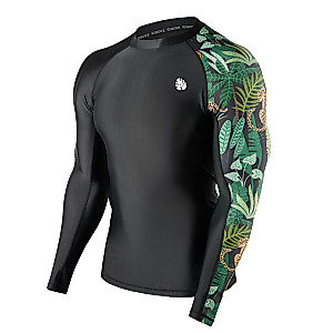 HUGE SPORTS Men's Rash Guard Long Sleeves UPF 50+ UV Sun Protection Quick Drying Splice Compression Swim Shirts Black Leopard