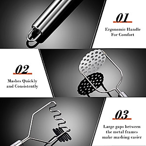 Potato Masher, Sopito 2 Pack Stainless Steel Integrated Masher Kitchen Tool Food Masher for Potatoes, Vegetables, Berries， Fruits, Baby Food, Avocado