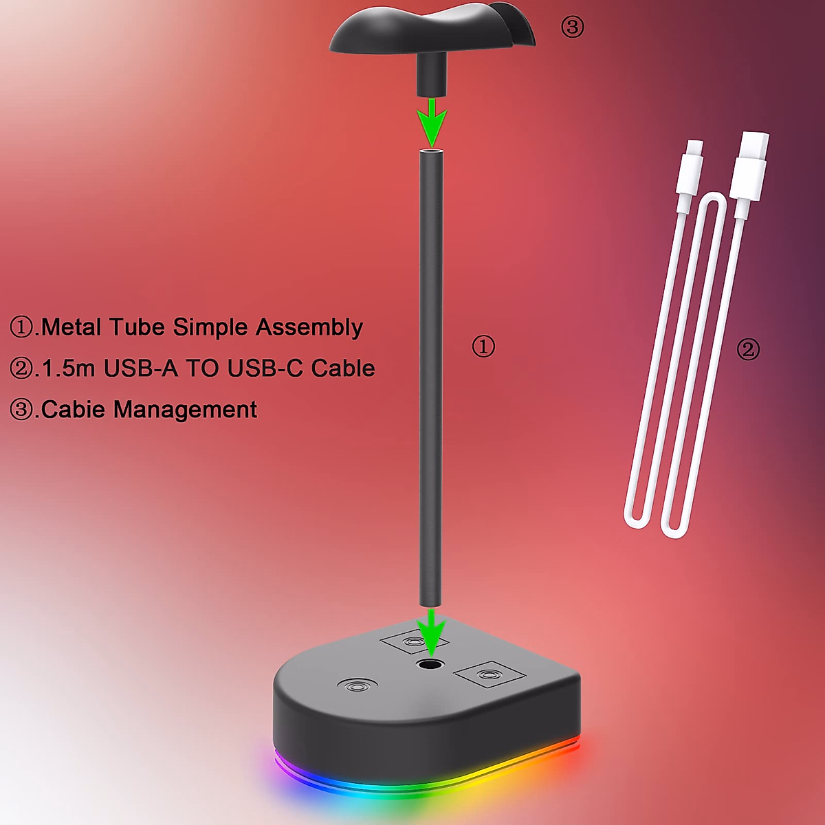 RGB Headphone Stand with Wireless Charger Desk Gaming Headset Holder Hanger Rack with 15W/10W/7.5W QI Charging and USB Port Suitable for Gamer Desktop Table Game Earphone Accessories