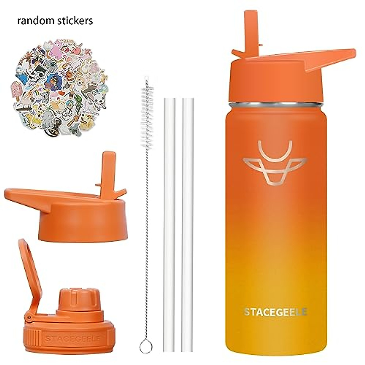STACEGEELE Insulated Vacuum Water Bottle for Kids with Straw Lid Stainless Steel Flask Thermos for Boys and Girls Leak Proof Lightweight Eco Friendly 18oz(550ml), Orangeade