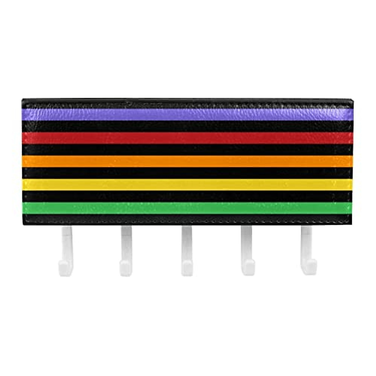 Colorful Horizontal Lines Striped Pattern with Black Background Mail Holder Organizer and Key Hooks PU Front, Self Adhesive Key Rack with 5 Hooks Perfect for Entryway, Hallway，Bathroom ，Kitchen