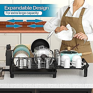 caktraie Dish Drying Rack - Expandable Dish Rack for Kitchen Counter, Rust-Proof Kitchen Dish Drying Rack with Utensil Holder, Cups Holder, Black