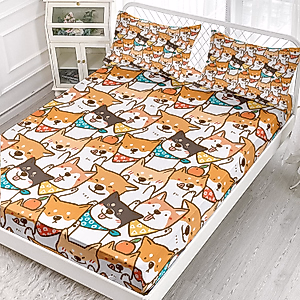 AILONEN Puppy Fitted Sheet Set Full Size, Cute Shiba Inu Dog Bed Sheet Set,Welsh Corgi Dog Puppy Sheets Set,Boys Girls Cartoon Pet Animals Bed Sheets Set 3 Pieces, 1 Fitted Sheet and 2 Pillowcases