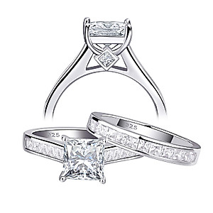 SHELOVES Wedding Ring Set Princess Cut Cubic Zirconia Sterling Silver Engagement Bridal Rings Sz 7