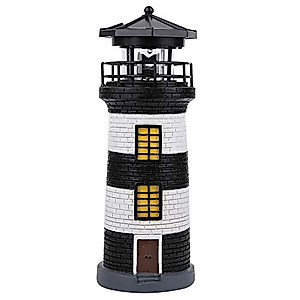 LED Solar Power Lighthouse Statue Outdoor Decor Rotating Outdoor Light Garden Yard Lawn Craft Ornament(Black+White)