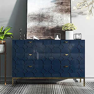 Clihome 6 Drawer Double Dresser, Sideboard with 6 Drawers Modern Chest of Drawers Wood Dresser for Living Room, Home Office, Entryway, Blue