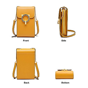 Crossbody Cell Phone Purse for Women, Genuine Leather Crossbody Phone Bags Ladies Cross Body Purse Women's Small Cowhide Leather Shoulder Bags Zip Around Leather Purse Wallets(Yellow)