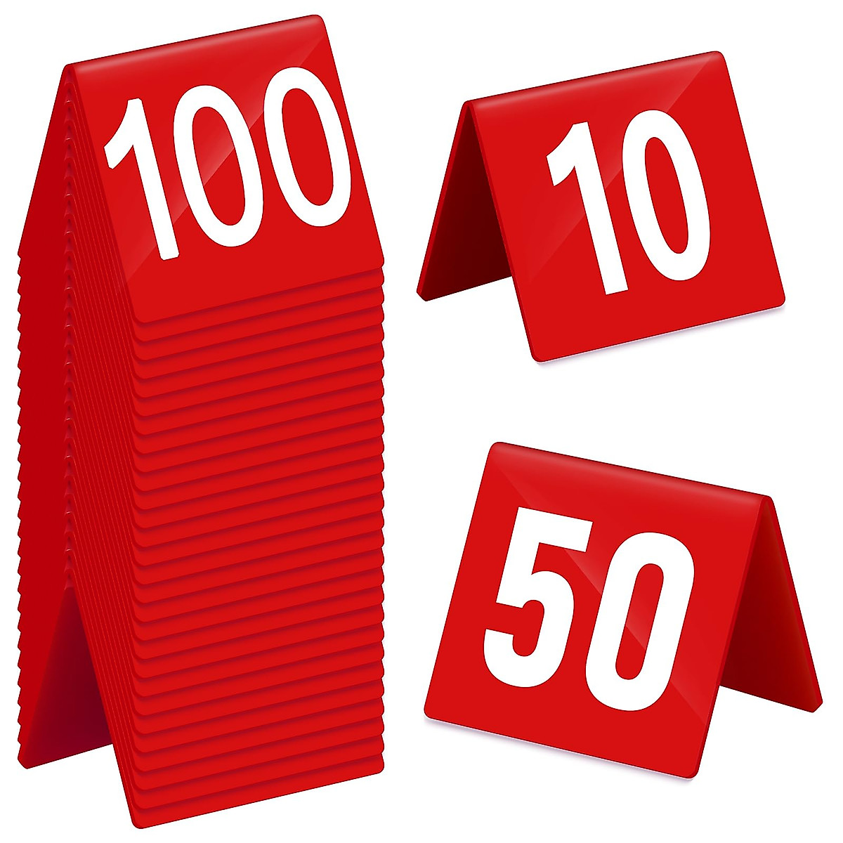 100 Pcs Acrylic Table Numbers 1-100 Double Side Numbered Table Tents Restaurant Wedding Table Tent Cards for Party Banquets Service Evidence Markers Supplies, 2.5 x 2 x 1.6 Inch (Red Background)